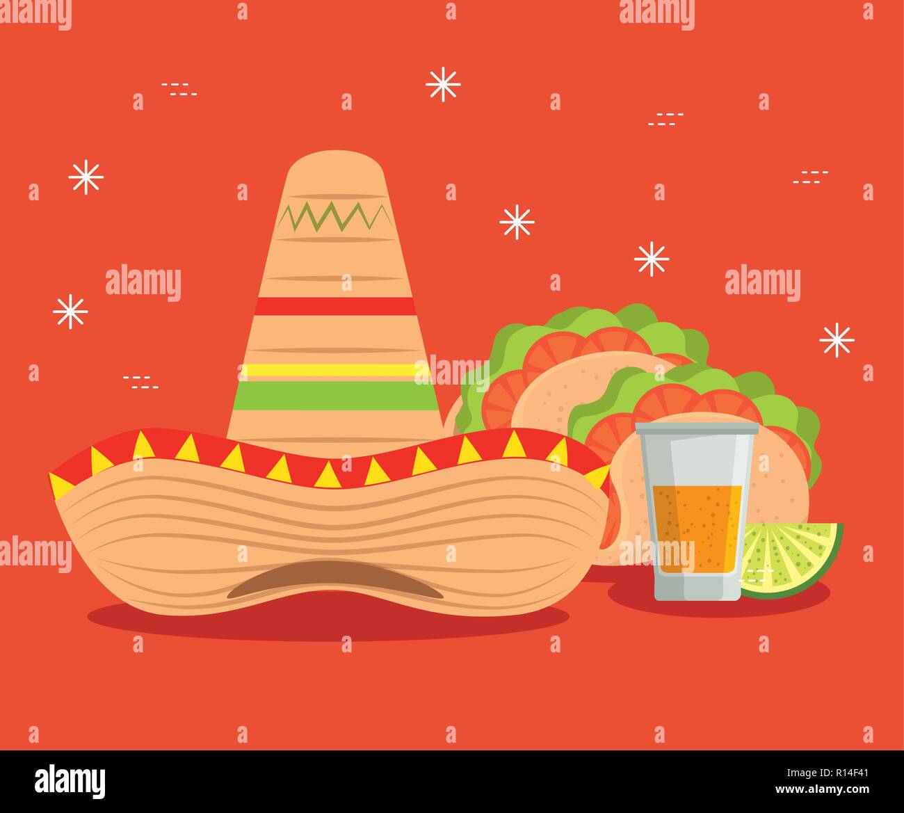hat with tacos and tequila to mexico event vector illustration Stock ...