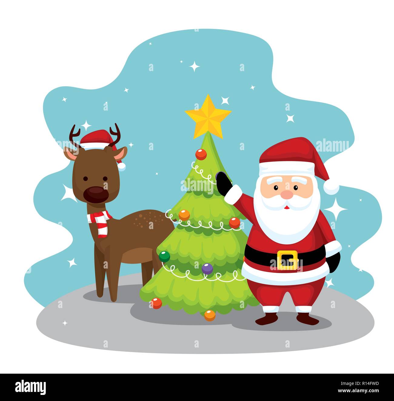 santa claus with deer and pine tree vector illustration Stock Vector ...