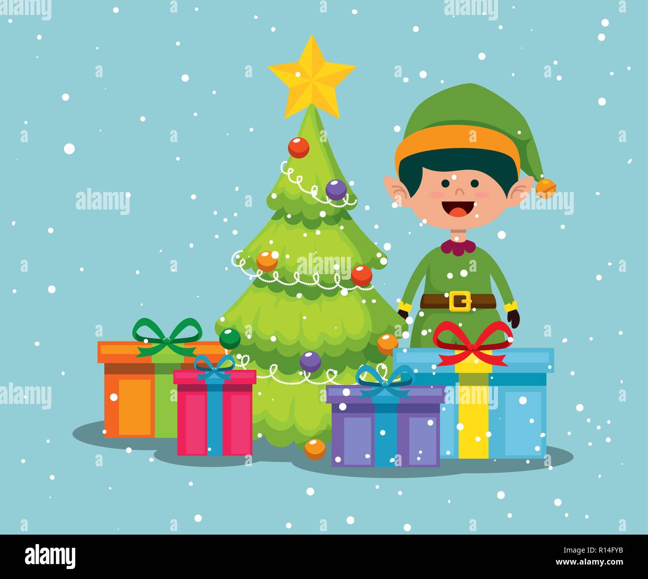 elf with pine trees and gifts to christmas vector illustration Stock ...