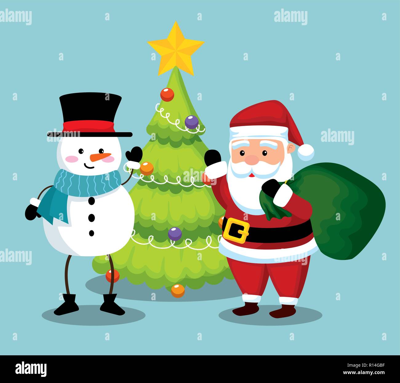 santa claus with snowman and pine tree vector illustration Stock Vector ...