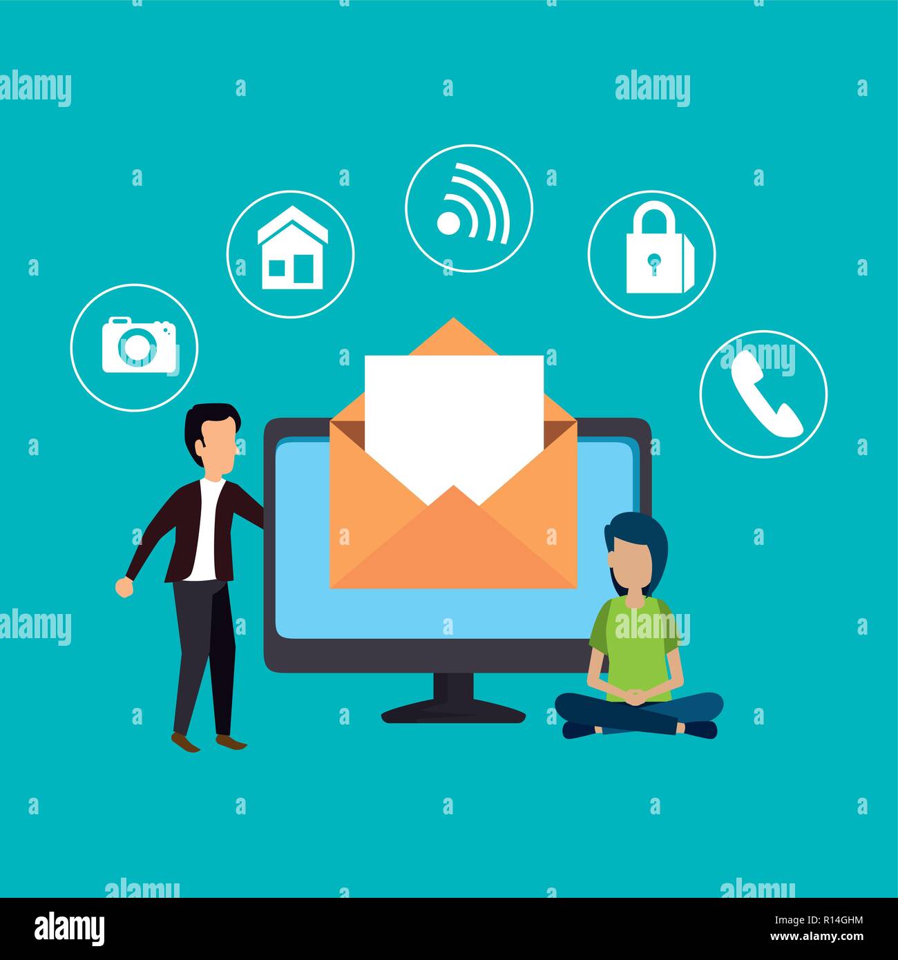 people with computer technology and social apps vector illustration ...