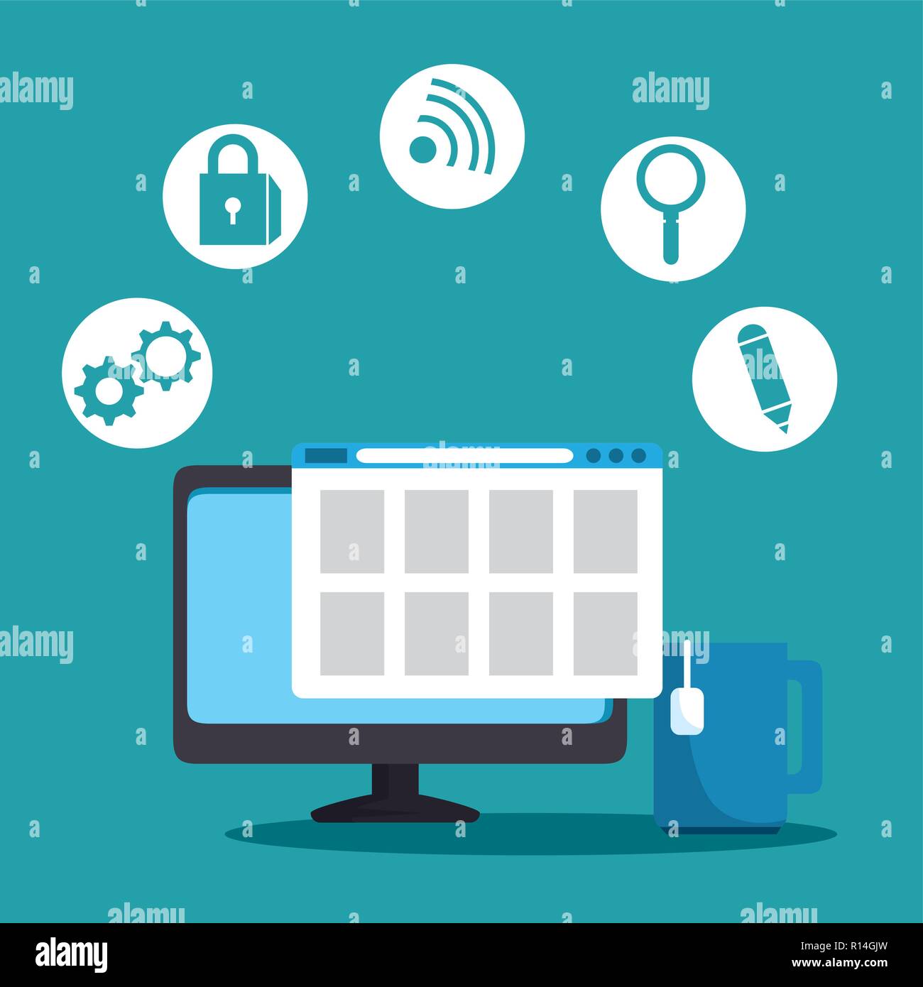 computer website technology with social apps vector illustration Stock ...