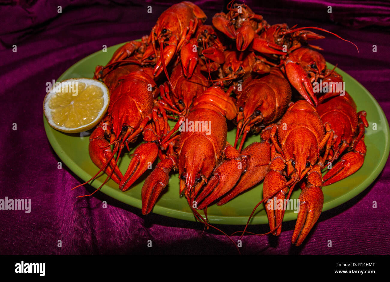 Crayfish on plate with a lemon slice. Russia Stock Photo - Alamy