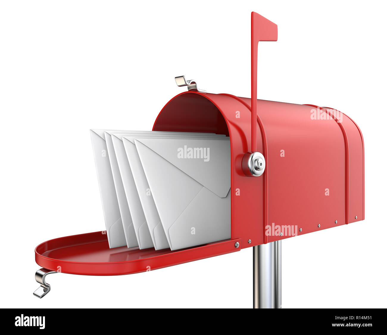 Classic Mailbox, open with 5 envelopes. Red and isolated on white ...
