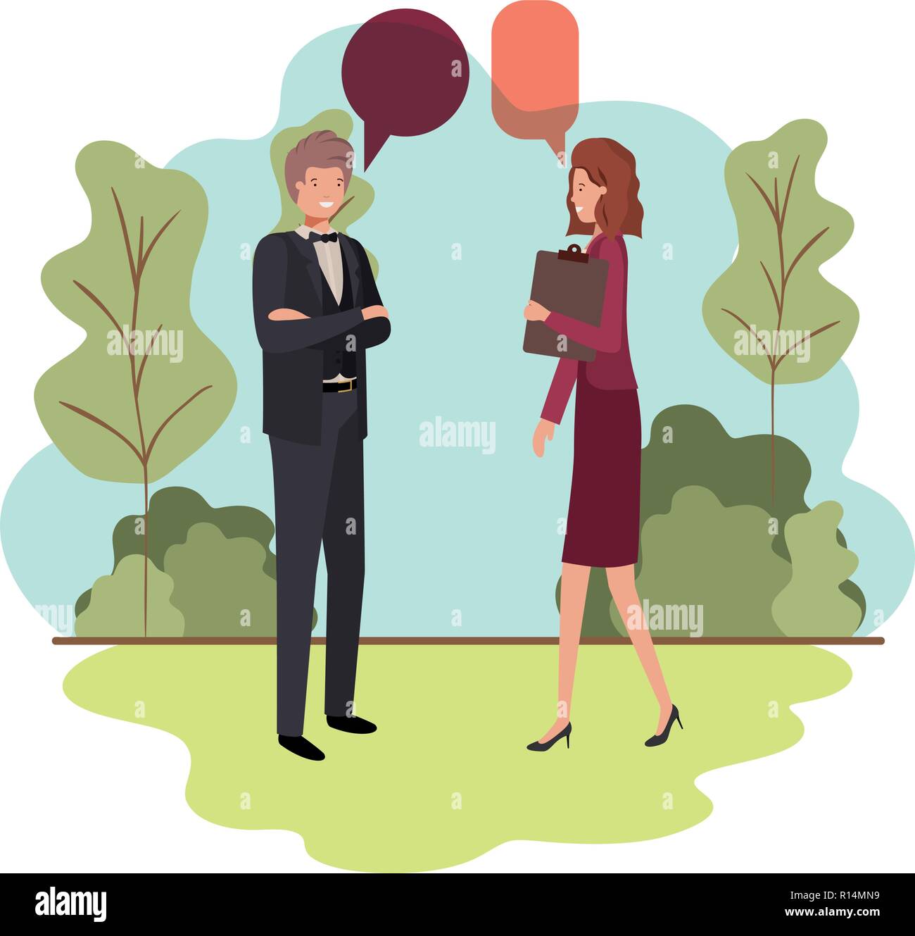 business couple with speech bubble in landscape Stock Vector Image ...