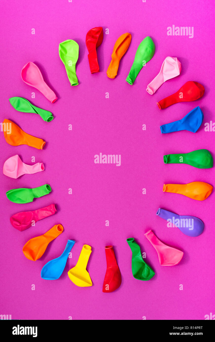 Set of colored balloons on pink background. Flat lay top view Stock ...