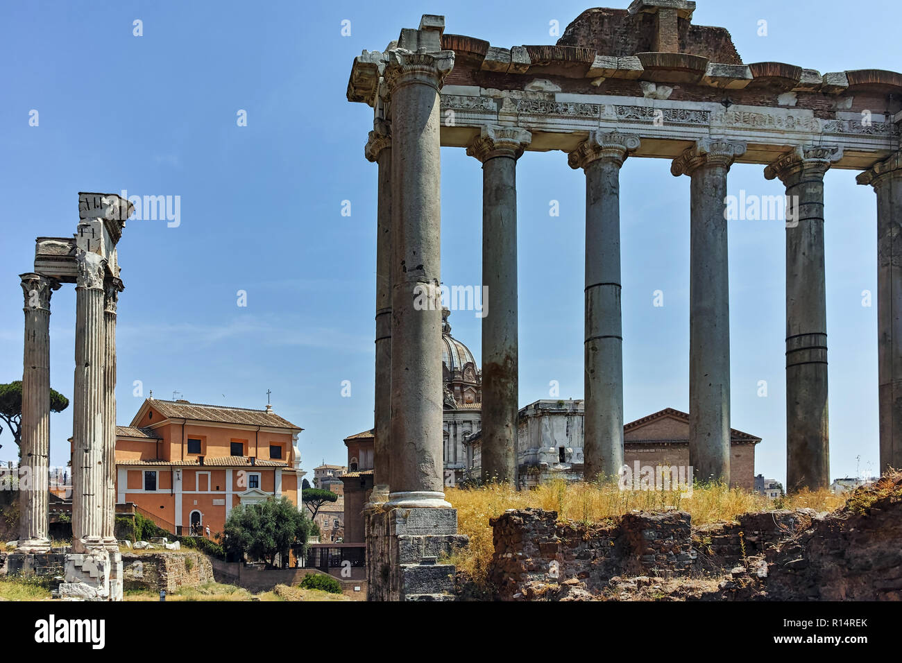 Ruins of Temple of Saturn and Capitoline Hill in city of Rome, Italy ...