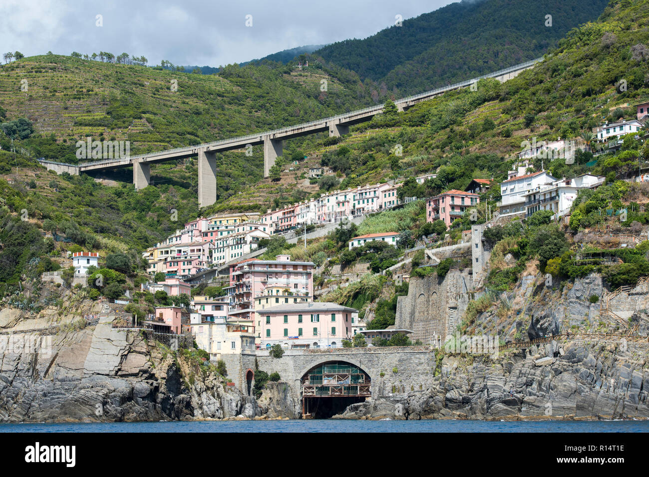 Railway bridge from Riomaggiore to Manarola as part of Cinque Terre on ...
