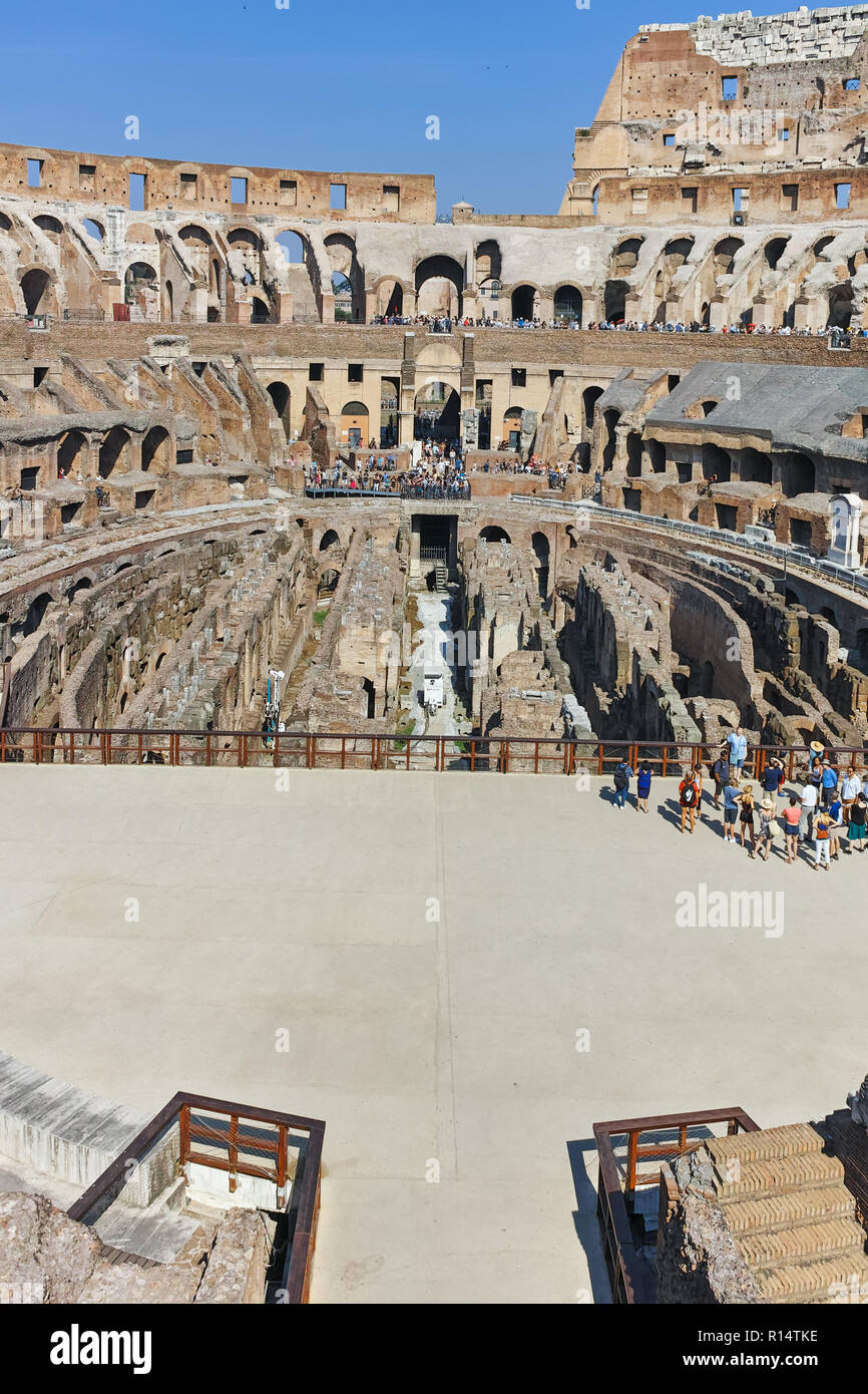 ROME, ITALY - JUNE 24, 2017: Tourist visiting inside part of Colosseum ...