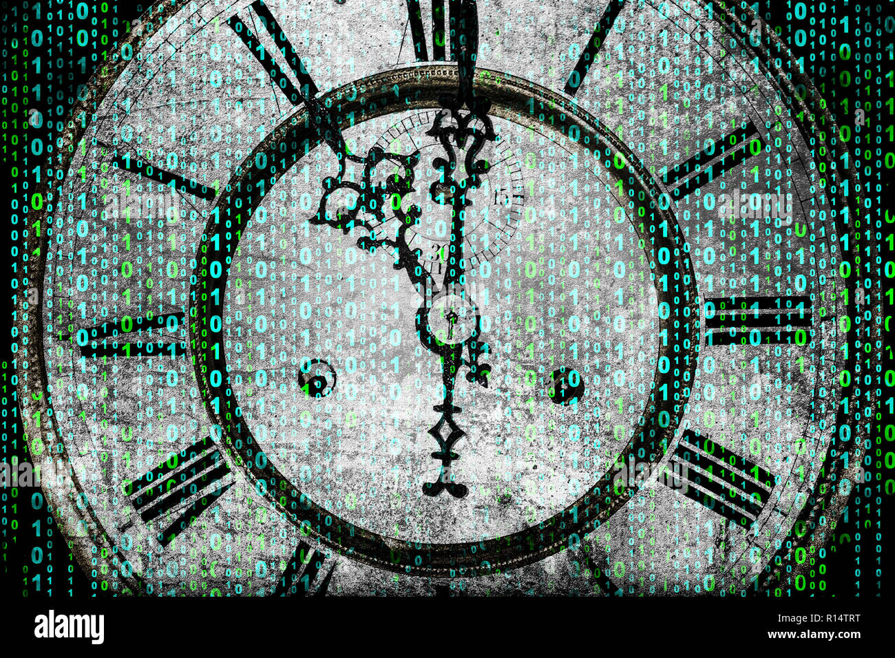 binary code on the background of old clocks, the concept of the era of ...