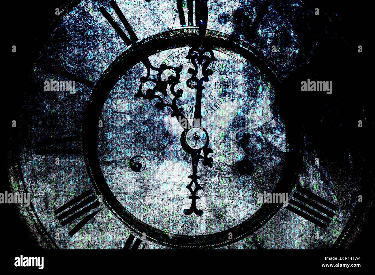 binary code on the background of old clocks, the concept of the era of ...