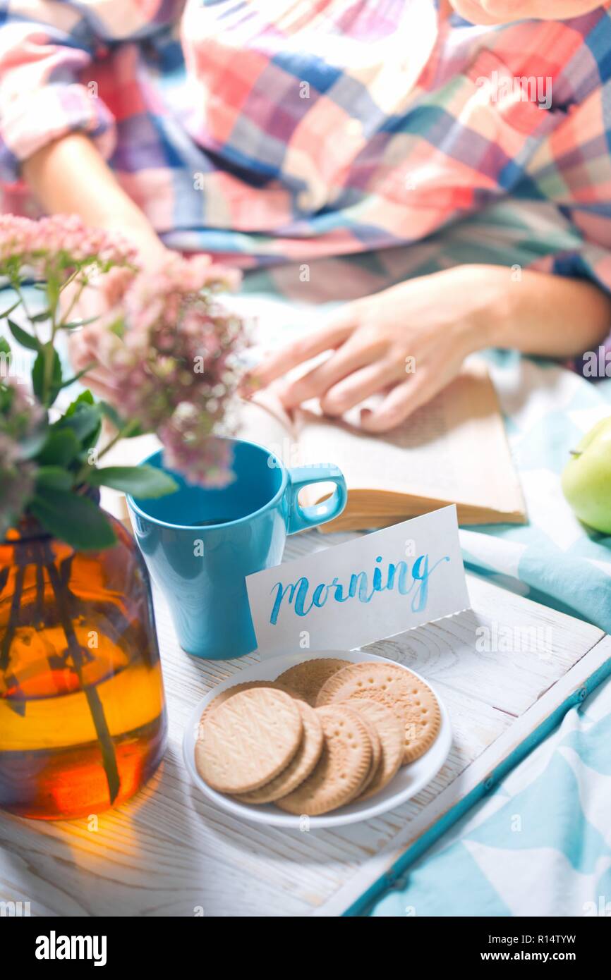 background - beautiful cozy morning and girl reading book Stock Photo ...