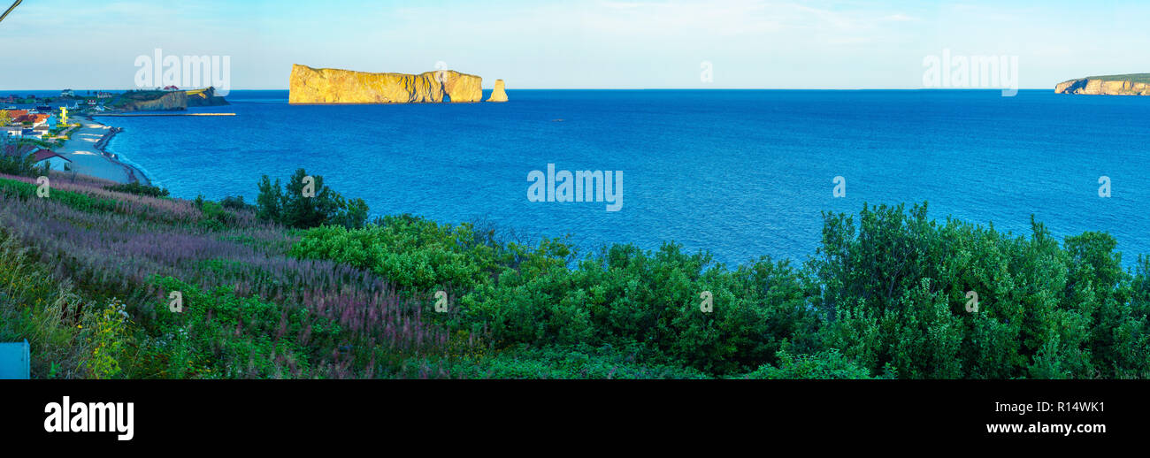Panoramic view of the Bonaventure Island, Perce rock, and Perce village ...