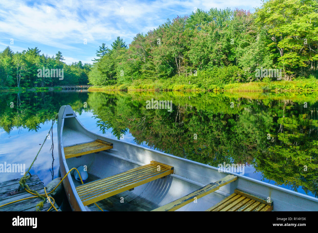 View of a boat and the Mersey river, in Kejimkujik National Park, Nova ...