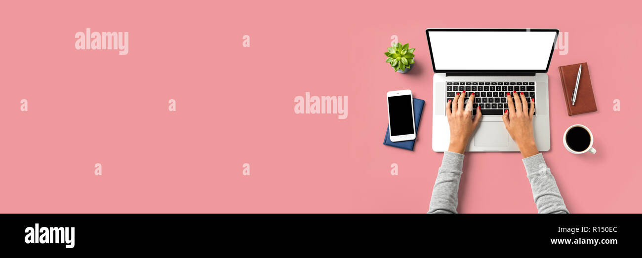 Overhead shot of office desktop Stock Photo - Alamy