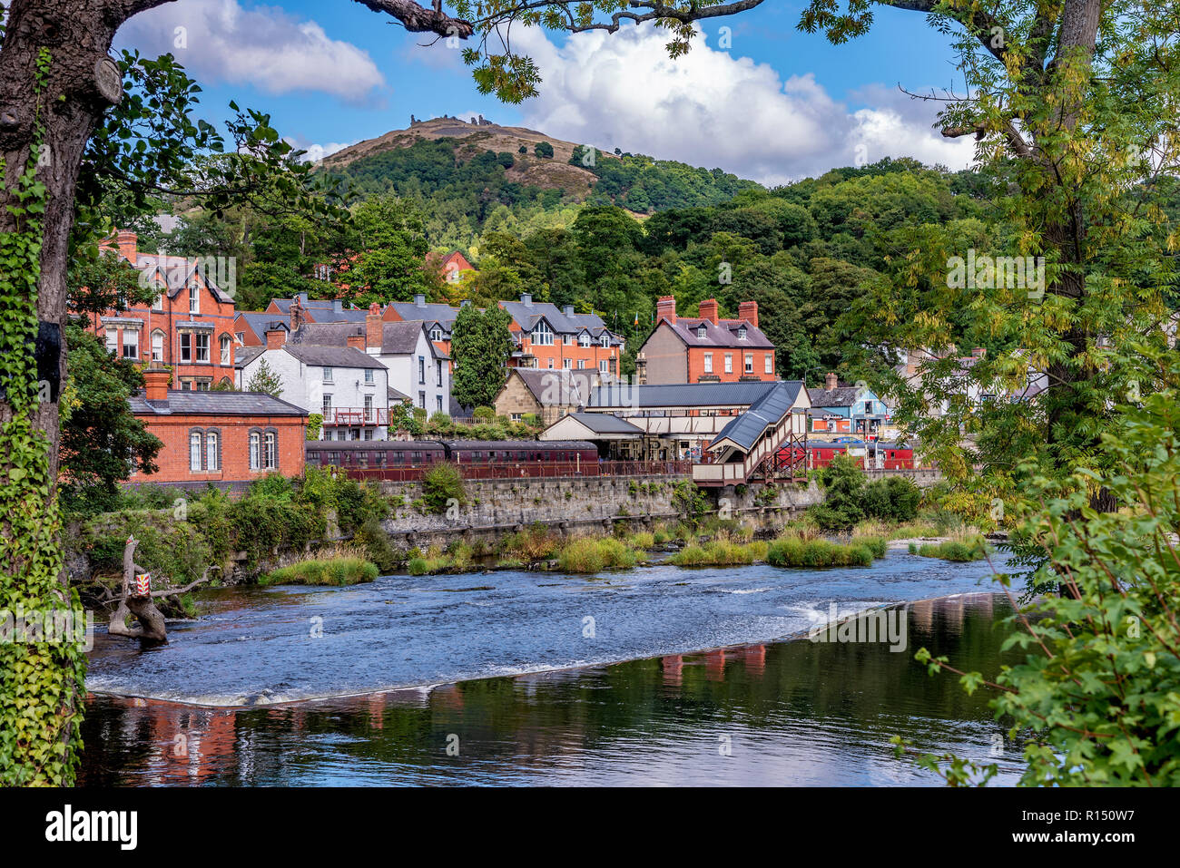 View of historic railway station river scenery in Llangollen town, UK ...