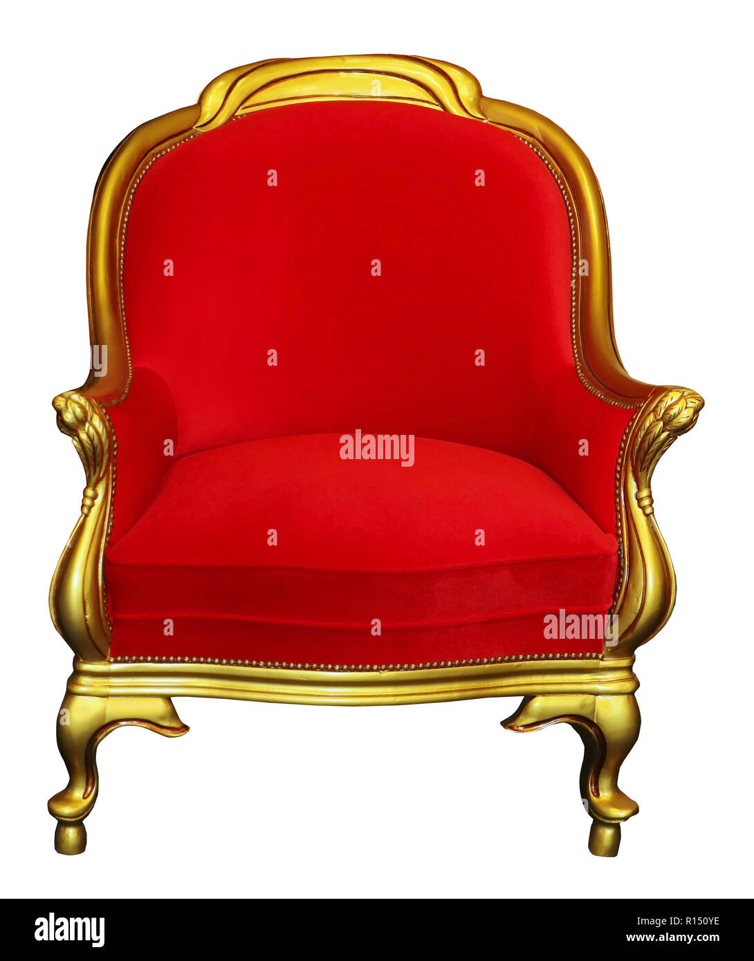 Vintage red chair with gold wooden frame isolated on white background ...