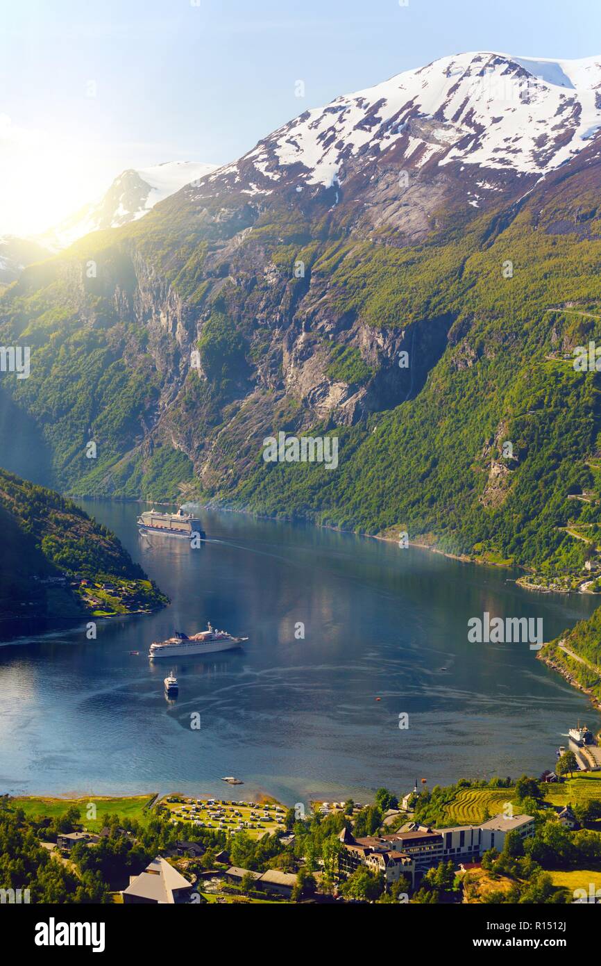 large ferry in the most beautiful Geiranger fjord in Norway Stock Photo ...