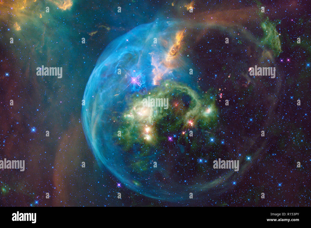 Universe scene with bright stars and galaxies in deep space showing the ...
