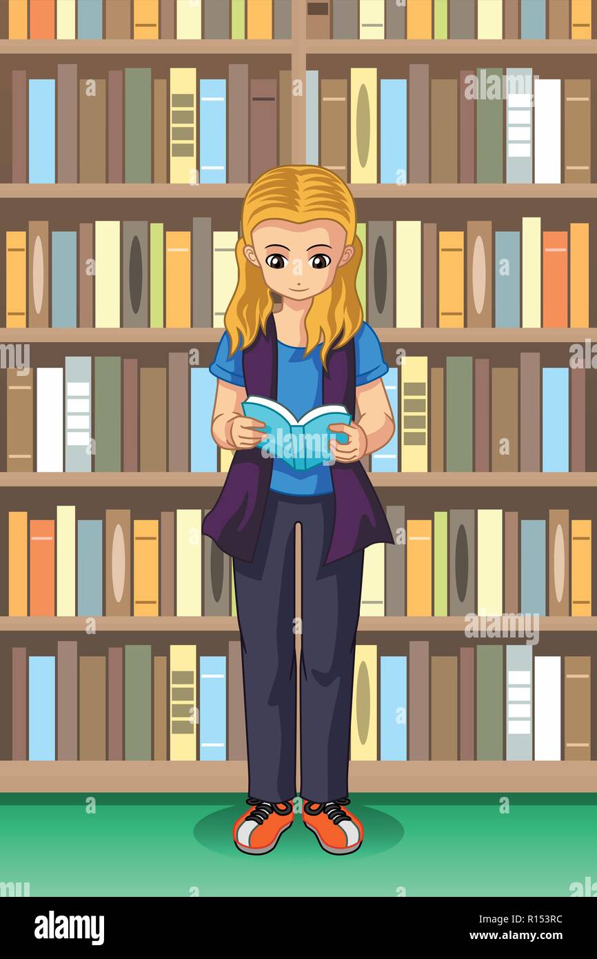 A vector illustration of Student Girl Reading in the Library Stock ...