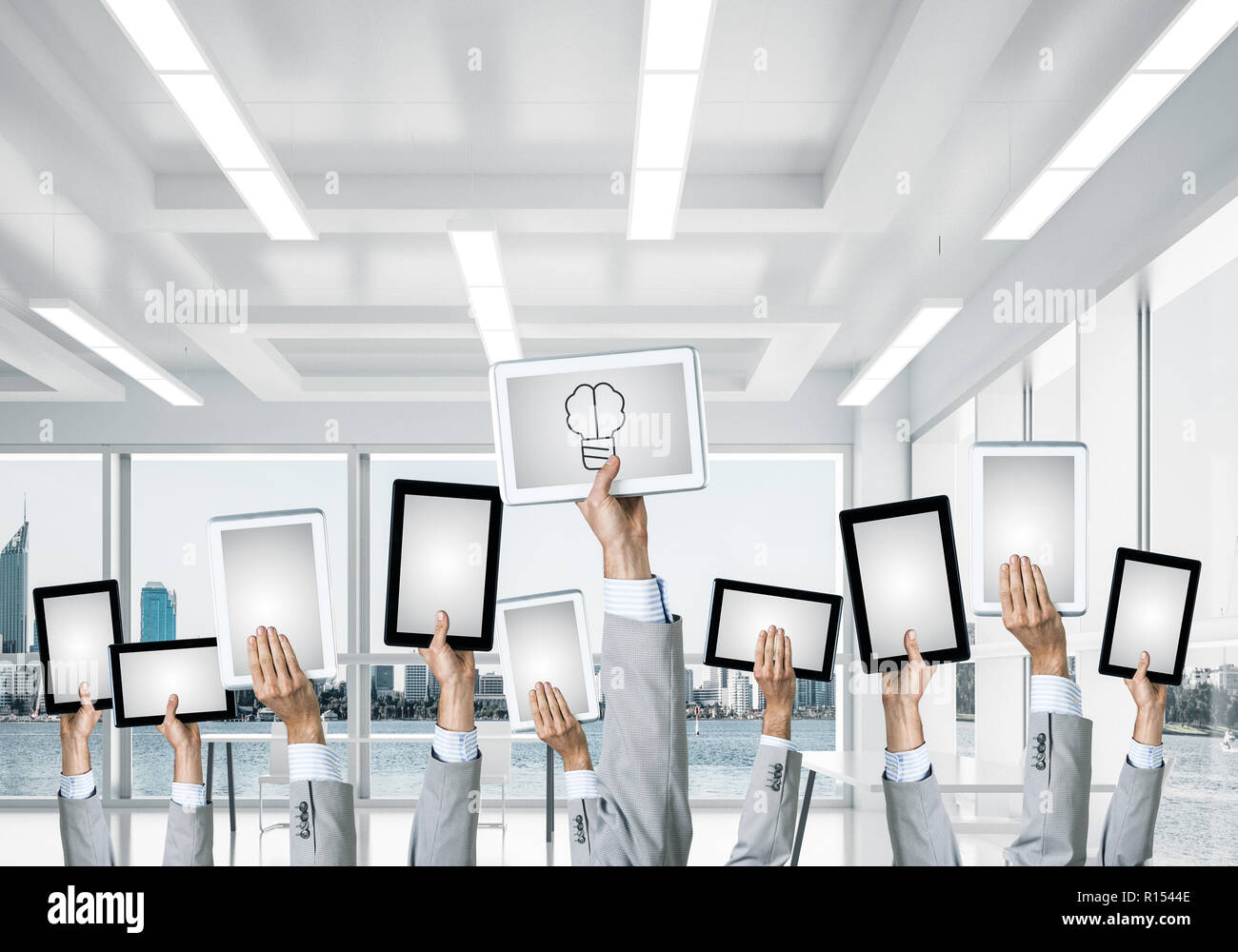 Close of businessman hands in line showing tablet pc with blank Stock ...