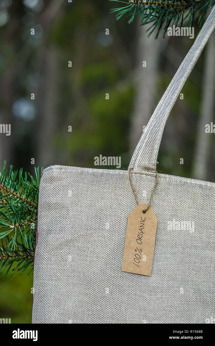 Organic eco shopping bag. Canvas tote bag in pine tree. Eco textile tag ...