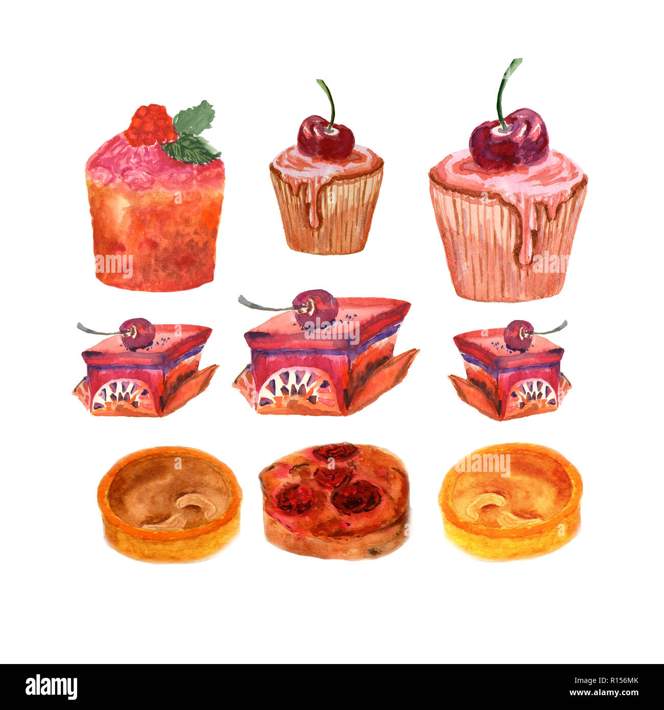 Watercolor set of different desserts. Illustration, sketch on white ...