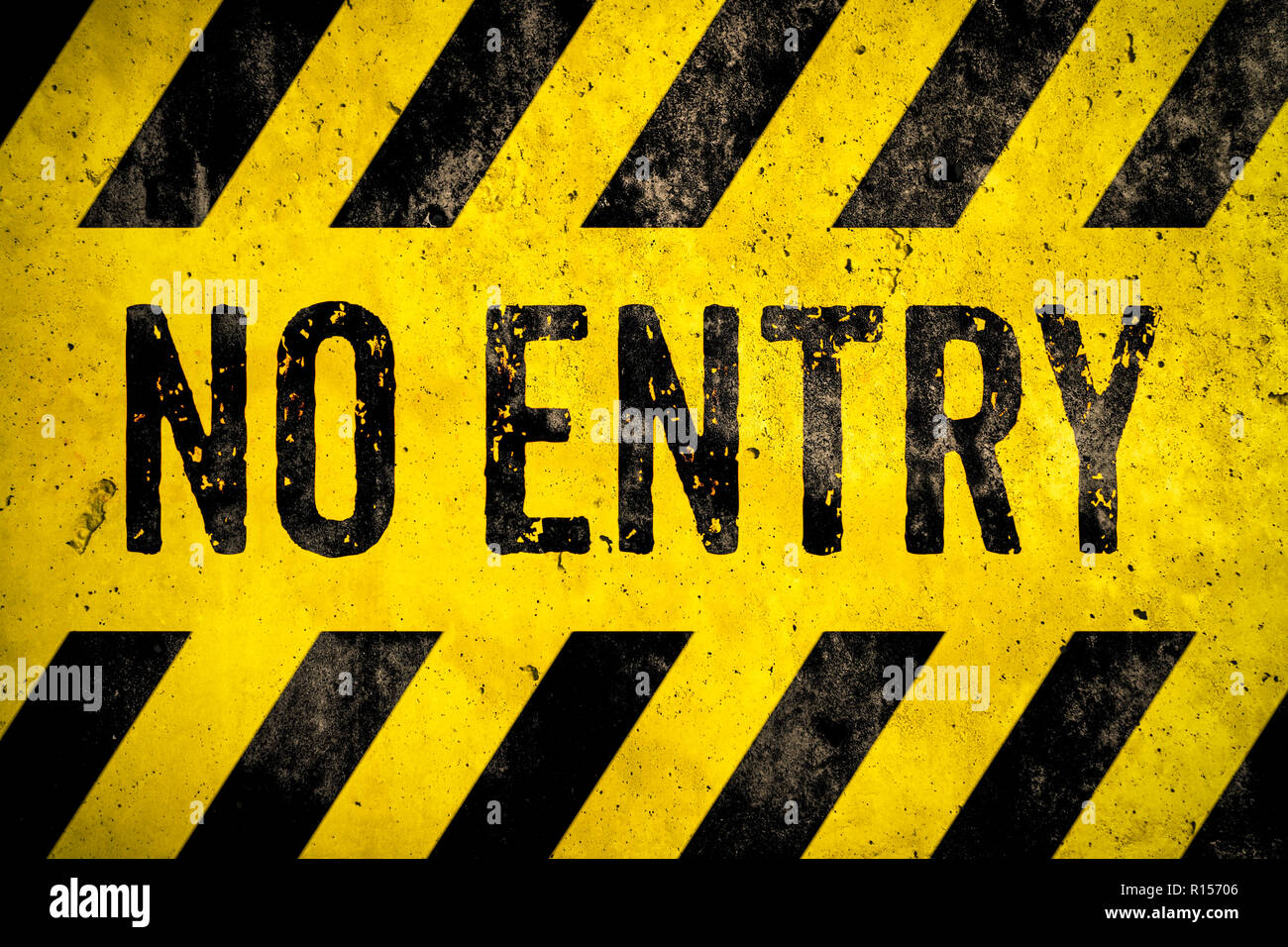 NO ENTRY warning sign stencil with yellow and black stripes painted ...