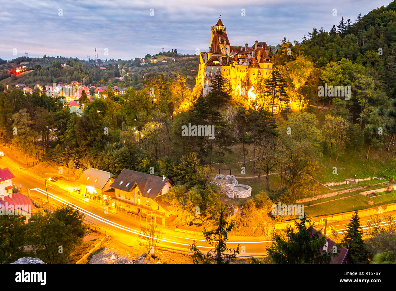 Bran, Romania - September 27, 2018: night view of famous medieval ...