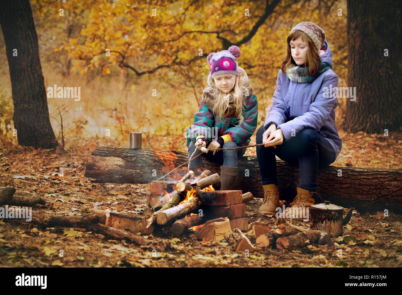 Two girls on picnic in the autumn forest sitting around the campfire ...