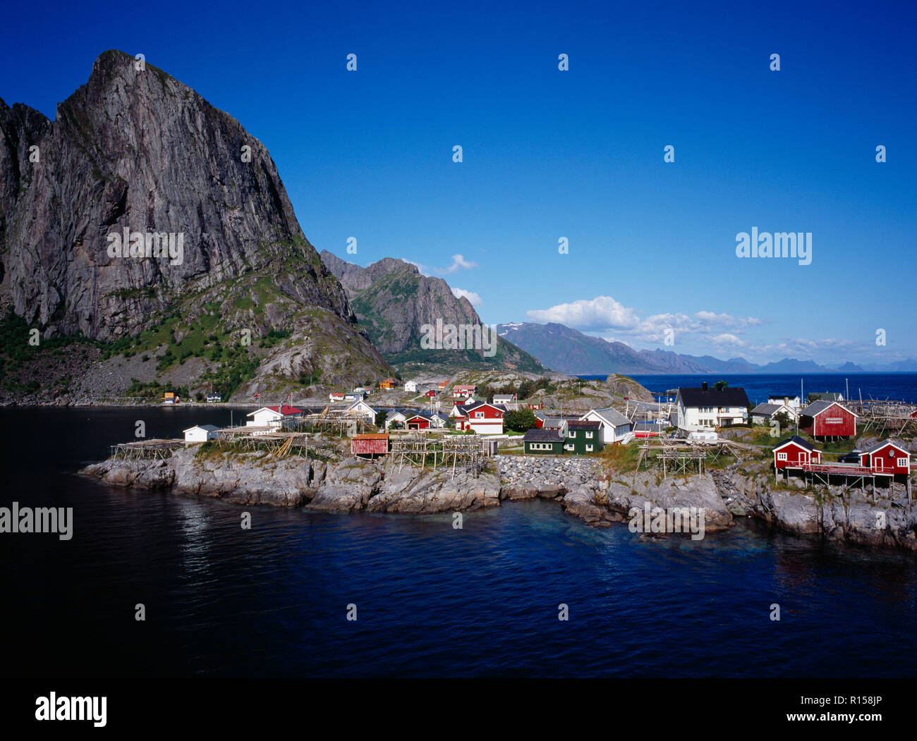Norway, Lofoten, Moskenesoya Island, Hamnoy fishing village. Red white ...