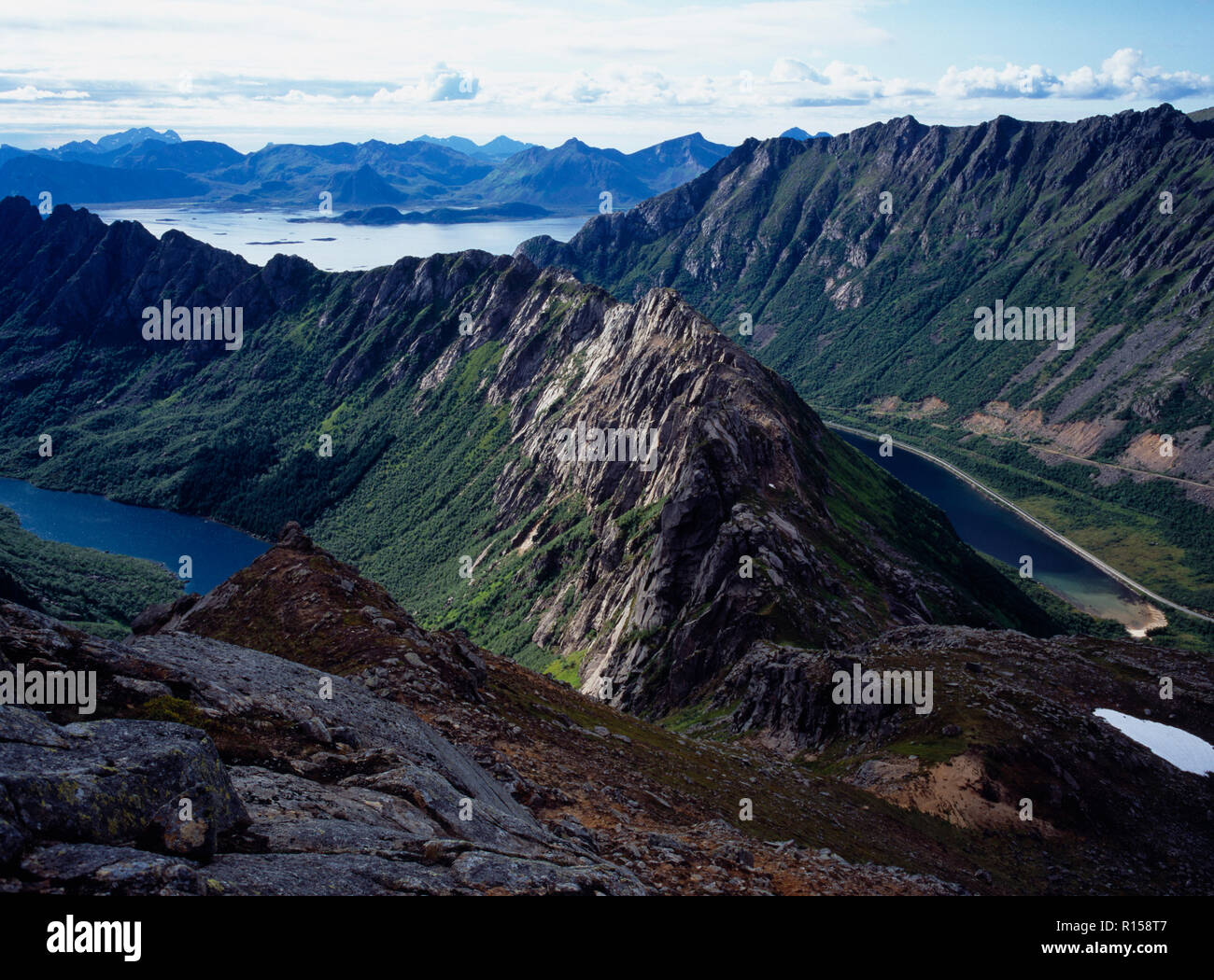 Norway, Lofoten, Vagan, View west showing rugged landscape of Lofoten ...