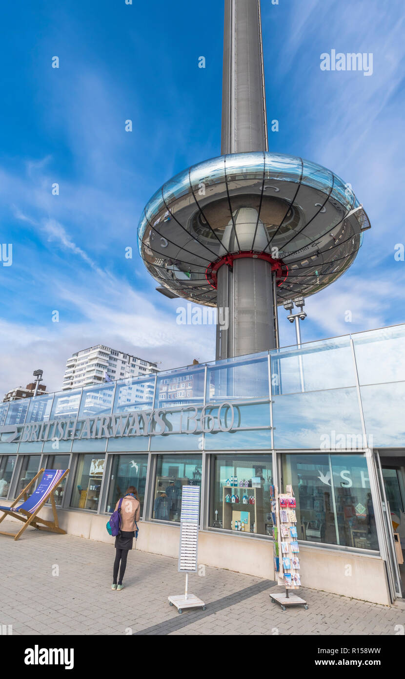 British Airways i360 Observation Tower against blue sky in Brighton ...