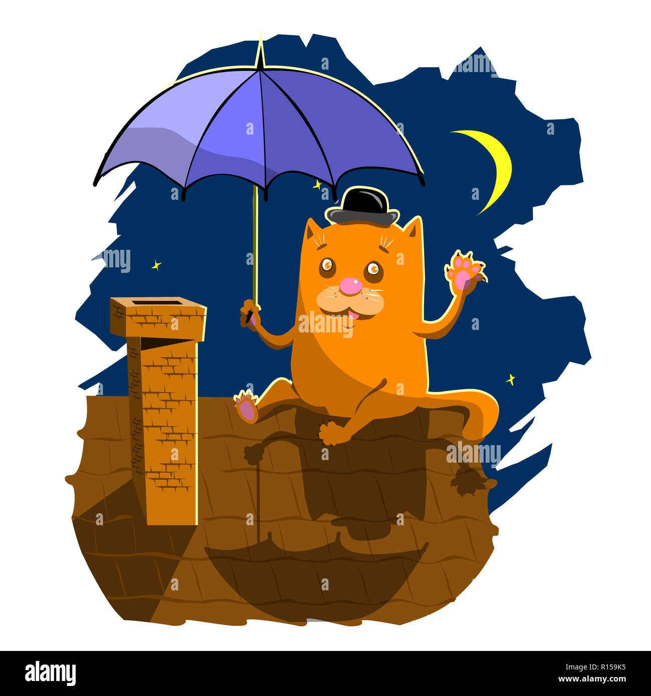 Stock Illustration Cartoon Cat Night Rooftop on a White Background ...