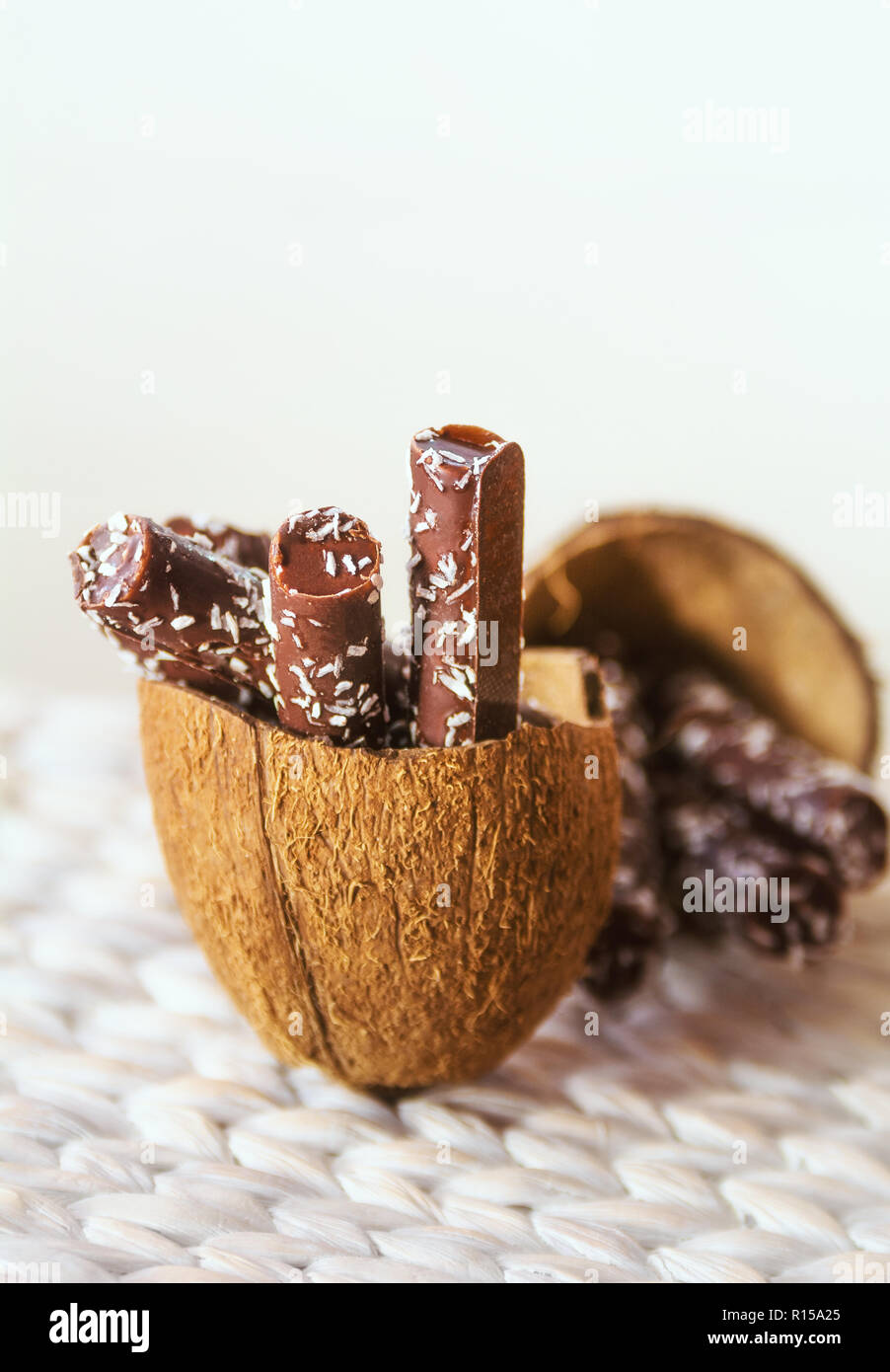 Chocolate bar in a coconut shell Stock Photo - Alamy
