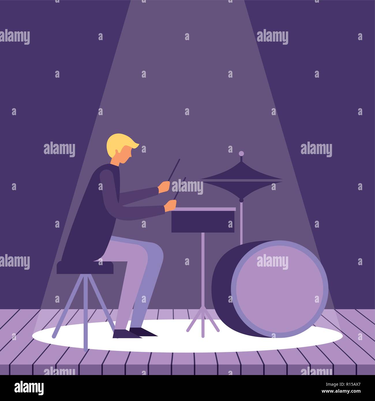 music instrument man playing drums lights presentation vector ...