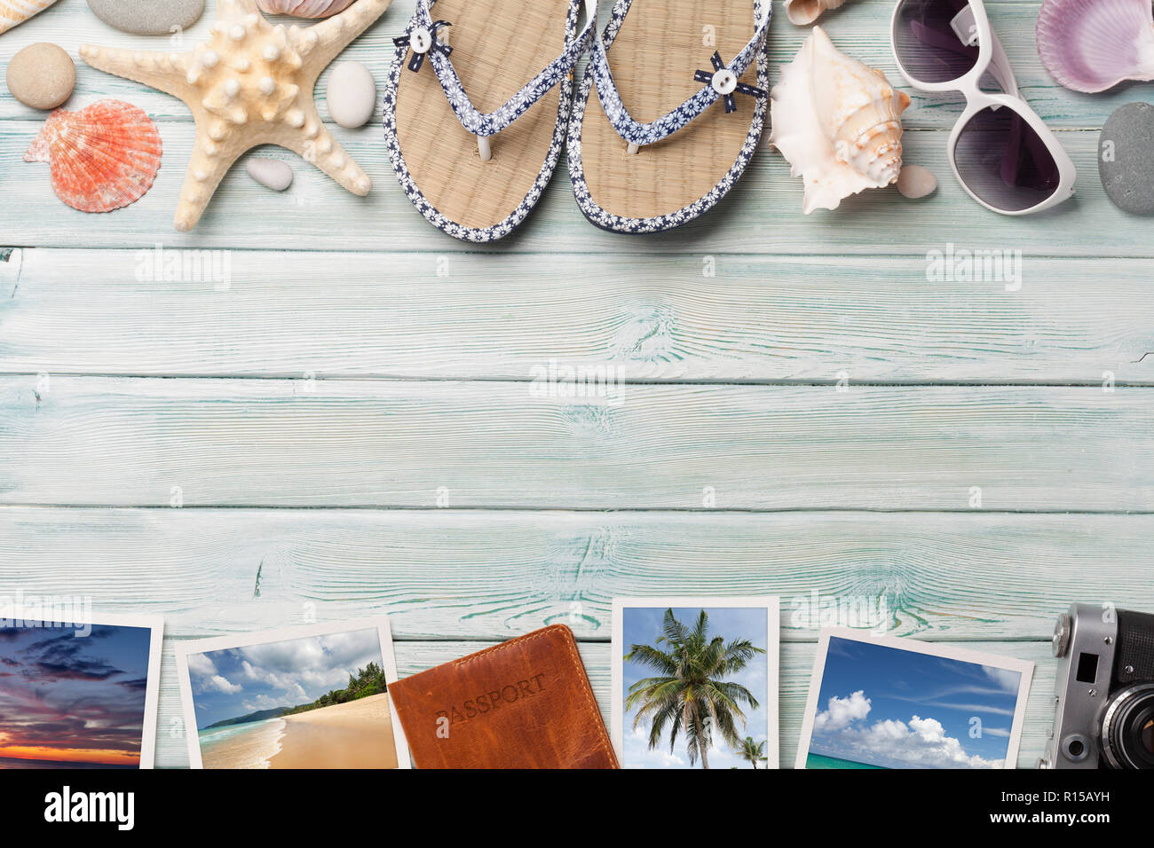 Travel vacation table concept with camera, passport, items and summer ...