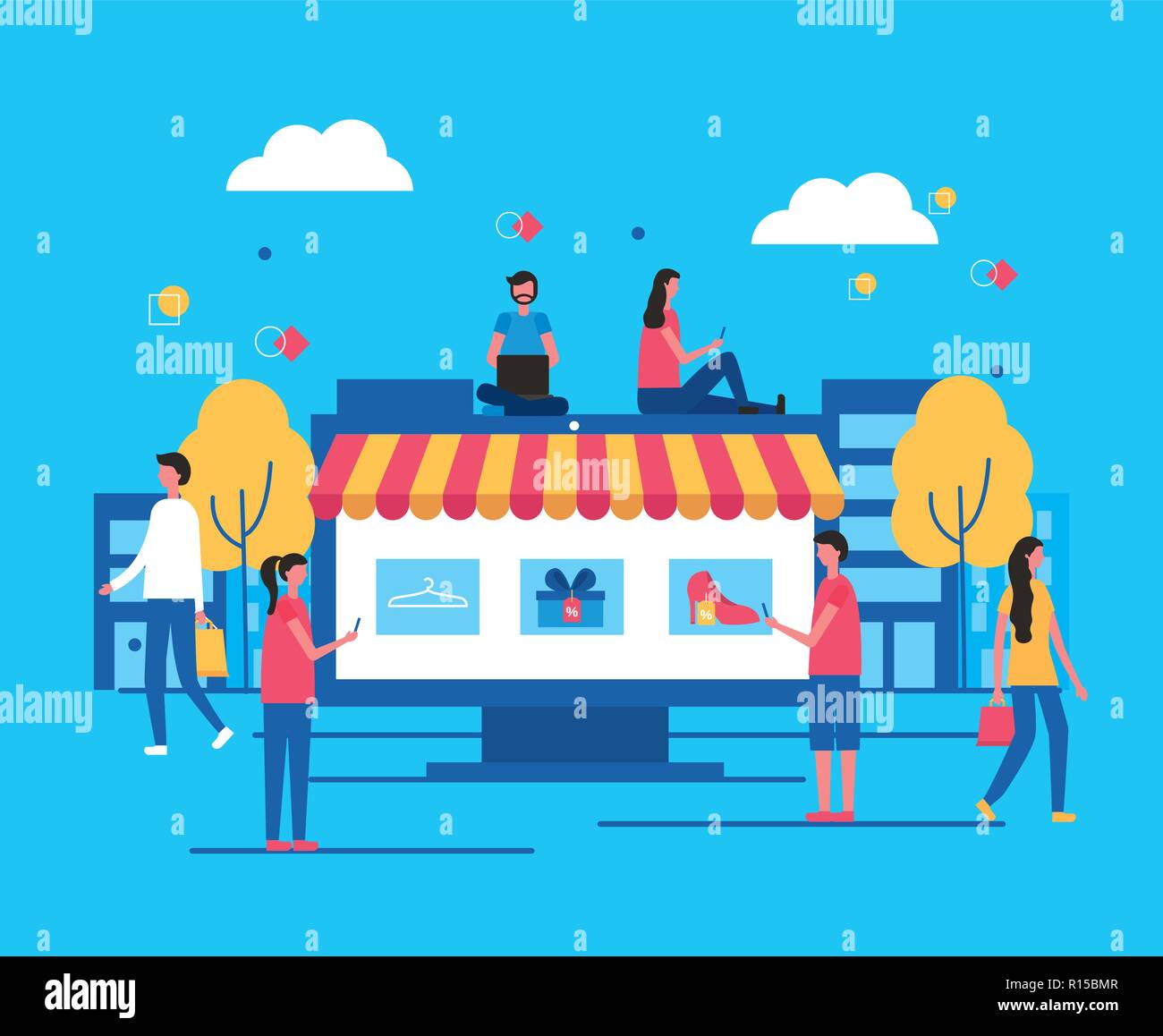 people online buying computer shop clothes city park outdoor vector ...