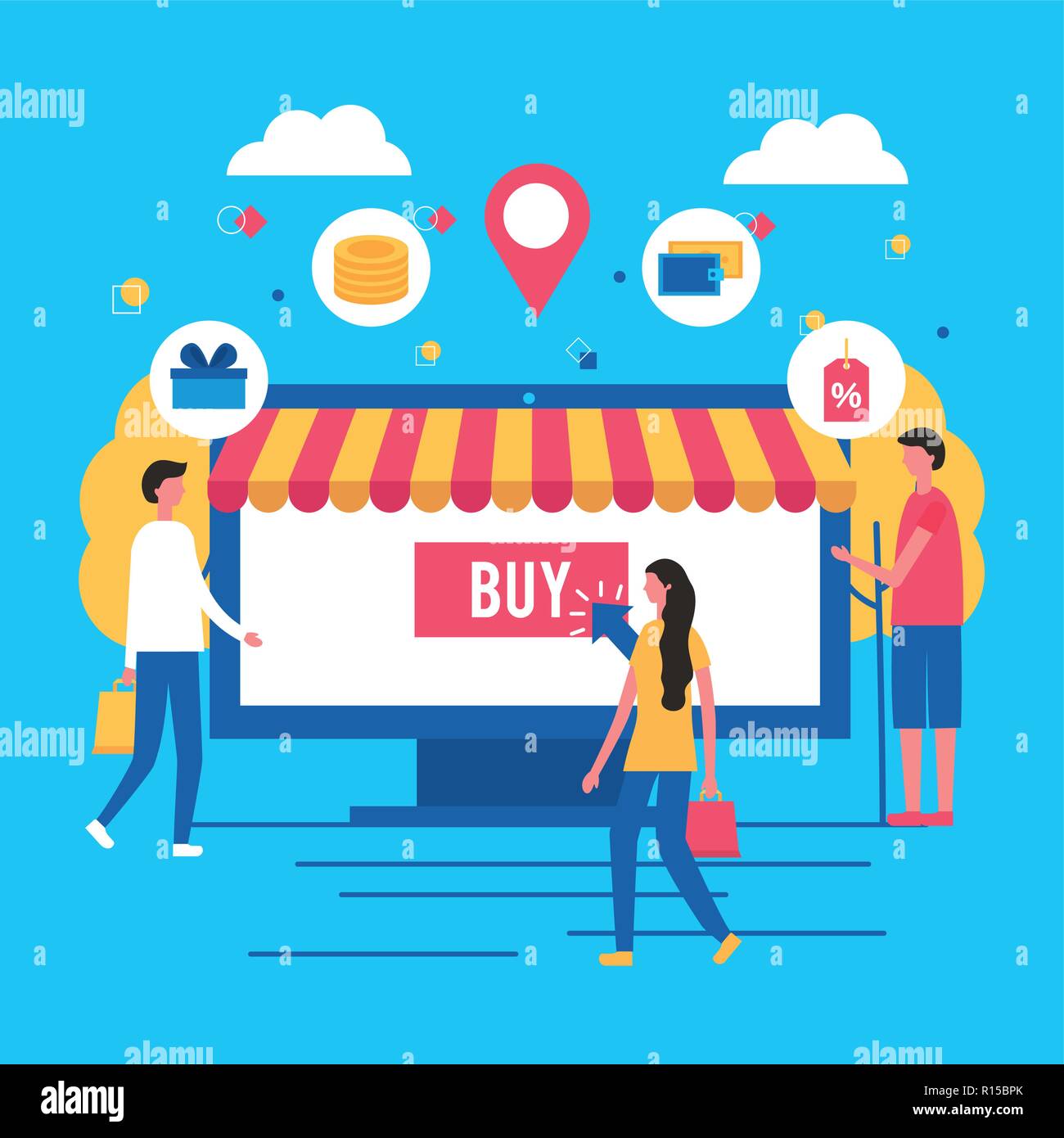 online buying computer screen store offers stickers vector illustration ...