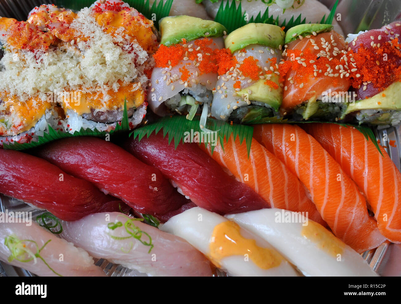 Sushi, sashimi, rolls on tray closeup - traditional japanese food Stock ...