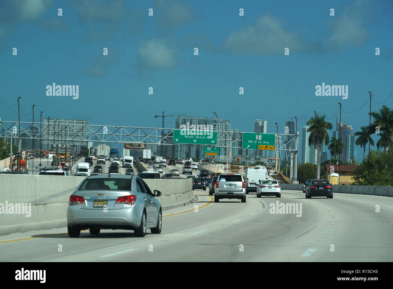 MIAMI, USA - NOVEMBER 5, 2018 - Miami Florida congested highways with ...