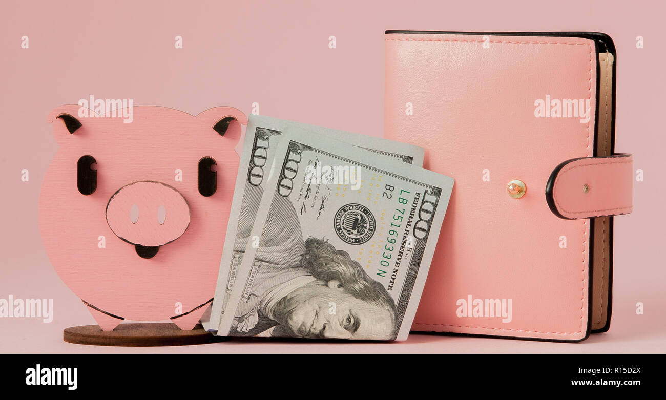 Pink pig and purse with dollars on the pink background Stock Photo - Alamy