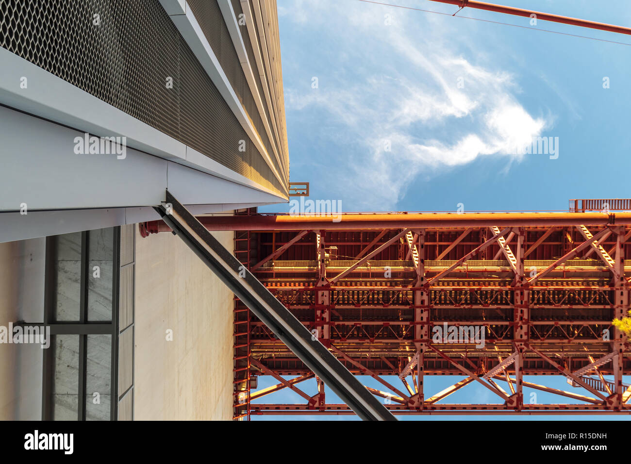 The view from the bottom of a pillar in the red metal bridge in ...