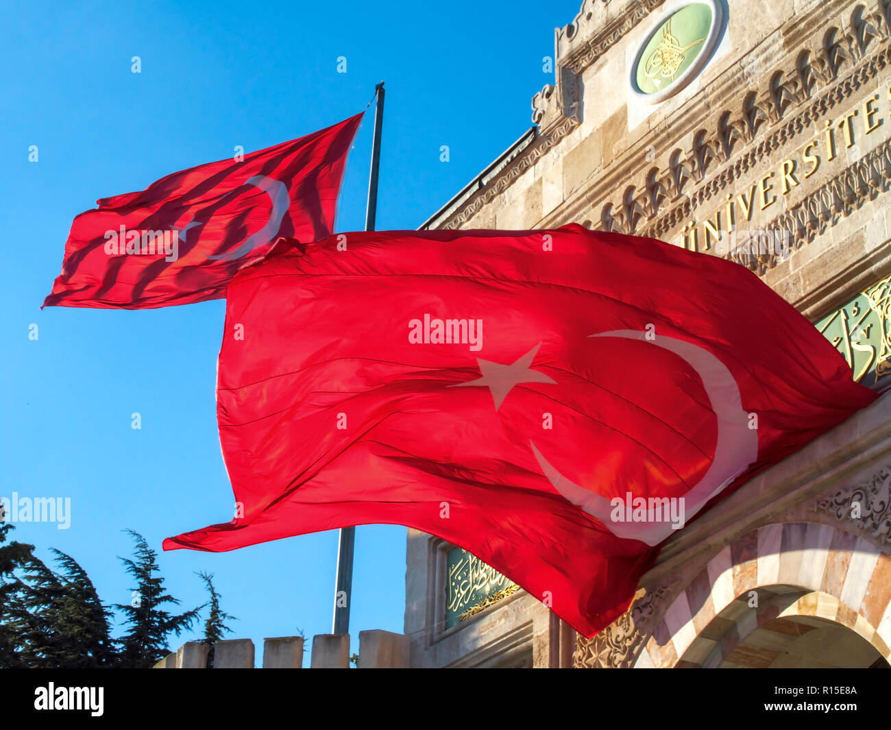red Turkish flag above the entrance to the University of Istanbul Stock ...