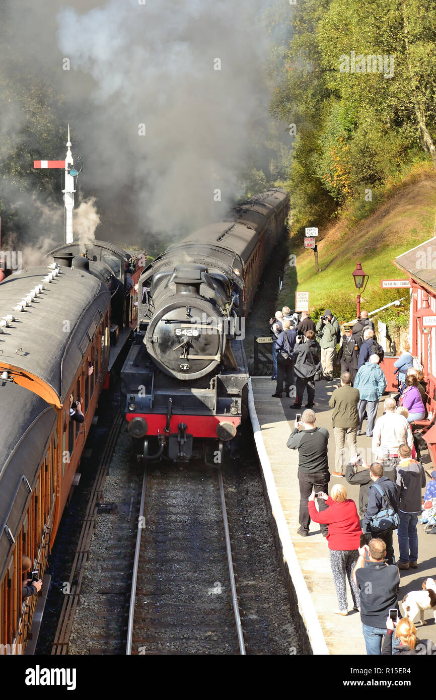 Steam train arriving at Goathland station during a busy gala weekend on ...