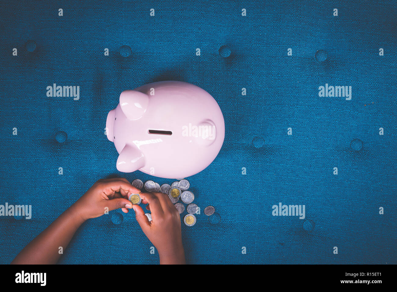 Little girl counting coins with piggy bank Stock Photo - Alamy