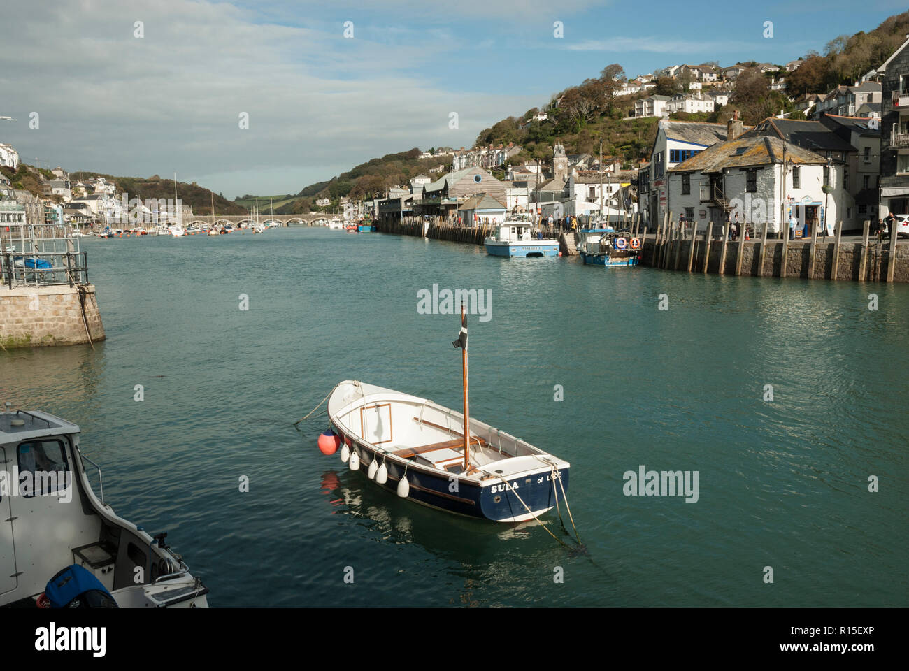 View of the pretty historic Cornish fishing village of Looe with the ...
