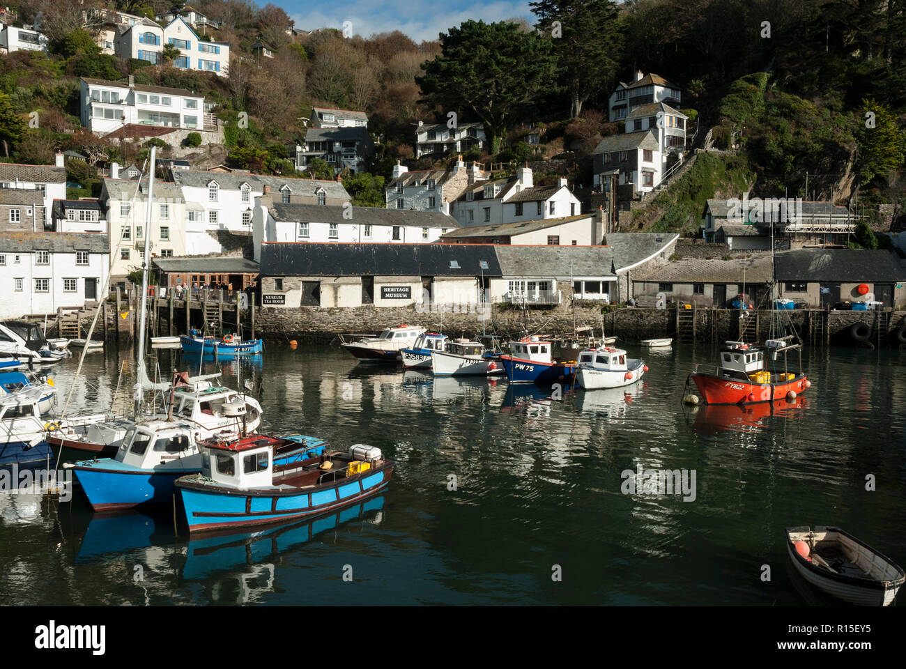 View of the pretty historic Cornish fishing village of Polperro with ...