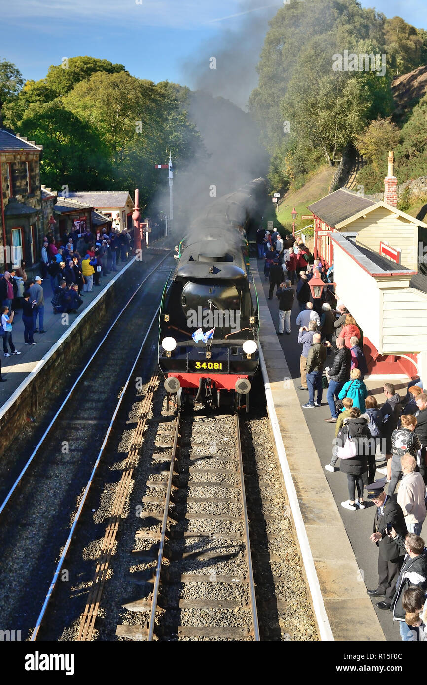 Steam train arriving at Goathland station, hauled by visiting Battle of ...