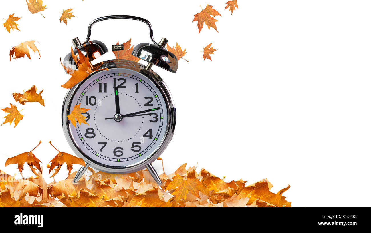 autumn season time clock and leaves isolated for background Stock Photo ...